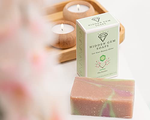 HIDDEN GEM SOAPS August Birthstone Peridot 3 Piece Gift Set All Natural Bar Soap, Bath Bomb, Shower Steamer Made in USA Palm Oil Free