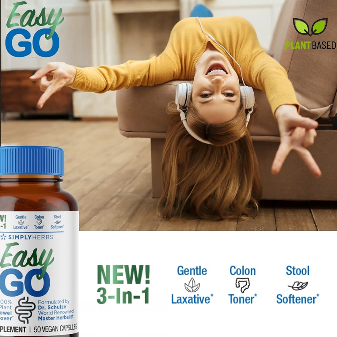Dr. Schulze's Easy GO Bowel Mover - Formulated Gentle Laxative, Colon Toner & Stool Softener | 100% Plant Natural Bowel Cleanse - Promotes Regular & Complete Bowel Movements - 50 Count Vegan