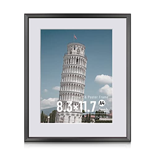 AntNest A4 Aluminum Picture Frame, Acrylic Front, Thin Black Metal Poster Frame for 8.3x11.7 Pictures, Horizontal/Vertical Wall Mount, Wall Hook Included