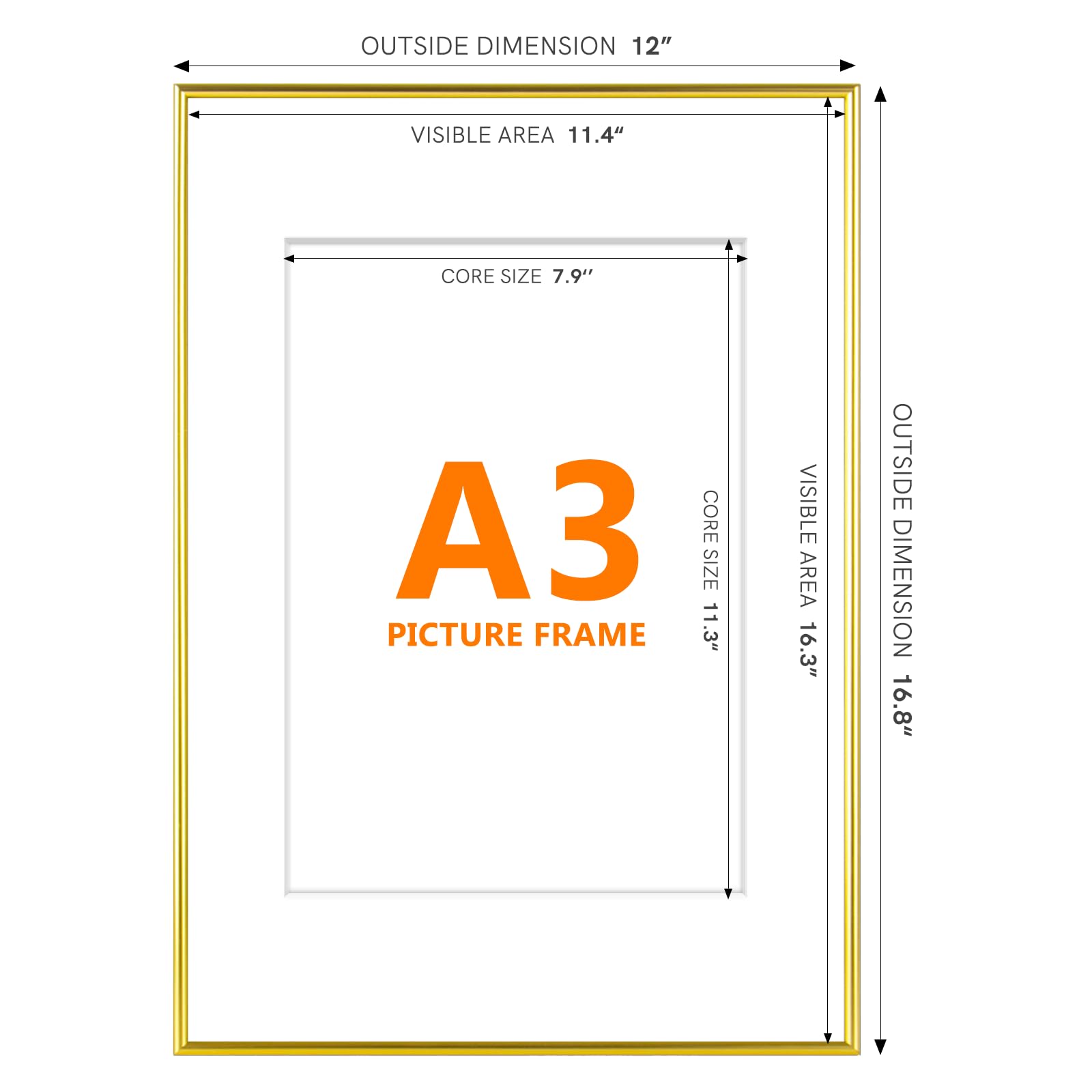 Homso A3 Picture Poster Frame, Display Pictures A4 with Mat or 11.7x16.5 Without Mat, Thin Border Metal with Plexiglass for Horizontal and Vertical, Gold
