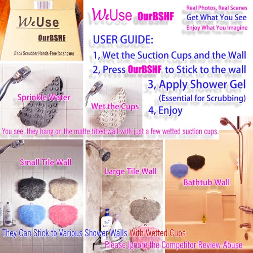 WeUse OurBSHF Back Scrubber Hands-Free for Shower. Easy to Clean Big Flat Silicone Back Washer Foot Massager Body Brush Replace Loofah Sponge. Stick to Wall to Scrub, Hang on Hook to Dry (Pink)