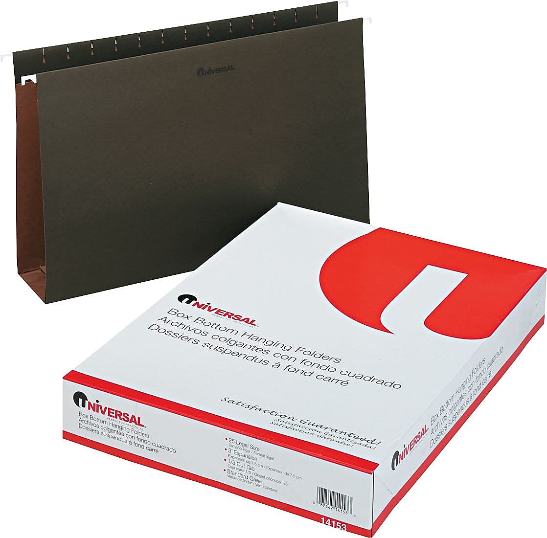 Universal UNV14153 1/5-Cut Tab Box Bottom Hanging File Folders - Legal Size, Standard Green (25/Box)