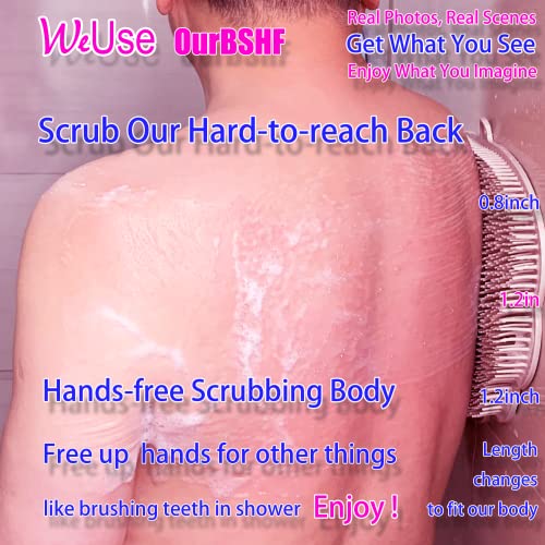 WeUse OurBSHF Back Scrubber Hands-Free for Shower. Easy to Clean Big Flat Silicone Back Washer Foot Massager Body Brush Replace Loofah Sponge. Stick to Wall to Scrub, Hang on Hook to Dry (Pink)