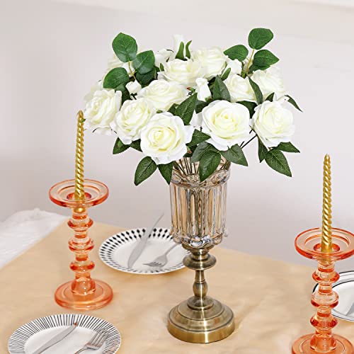 JAKY-Global Artificial Silk Fake Roses Flowers 21pcs Flower Head Buds DIY Wedding Bridal Bouquets Combo Centerpieces Decorations for Bridal Shower Cake Baby Shower(White)