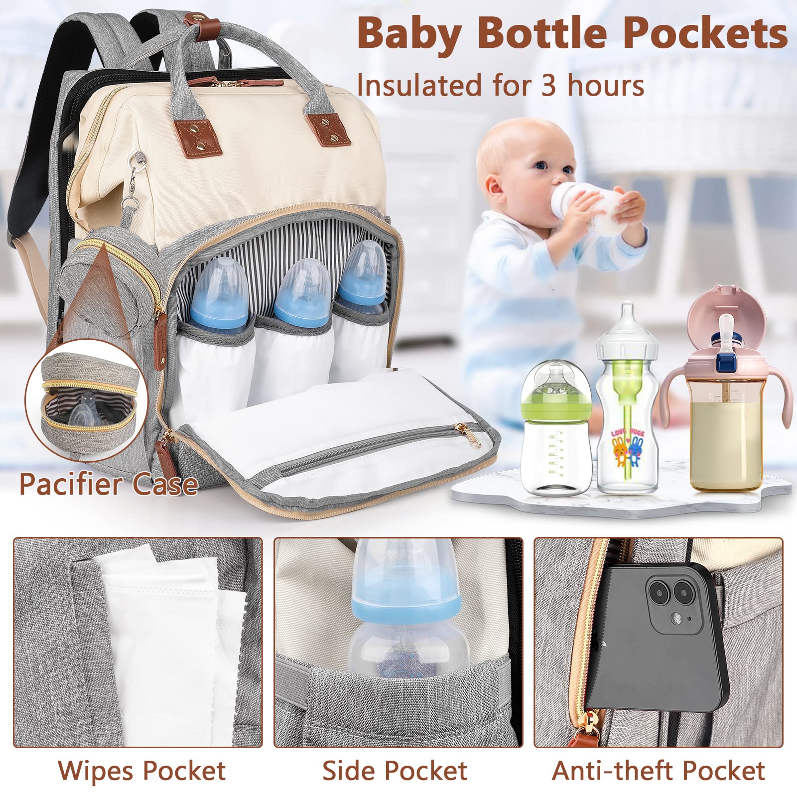 Diaper Bag Backpack Multifunctional Diaper Backpack with Extension Pad for Baby Boy and Girl Travel Baby Bag for Moms Dads