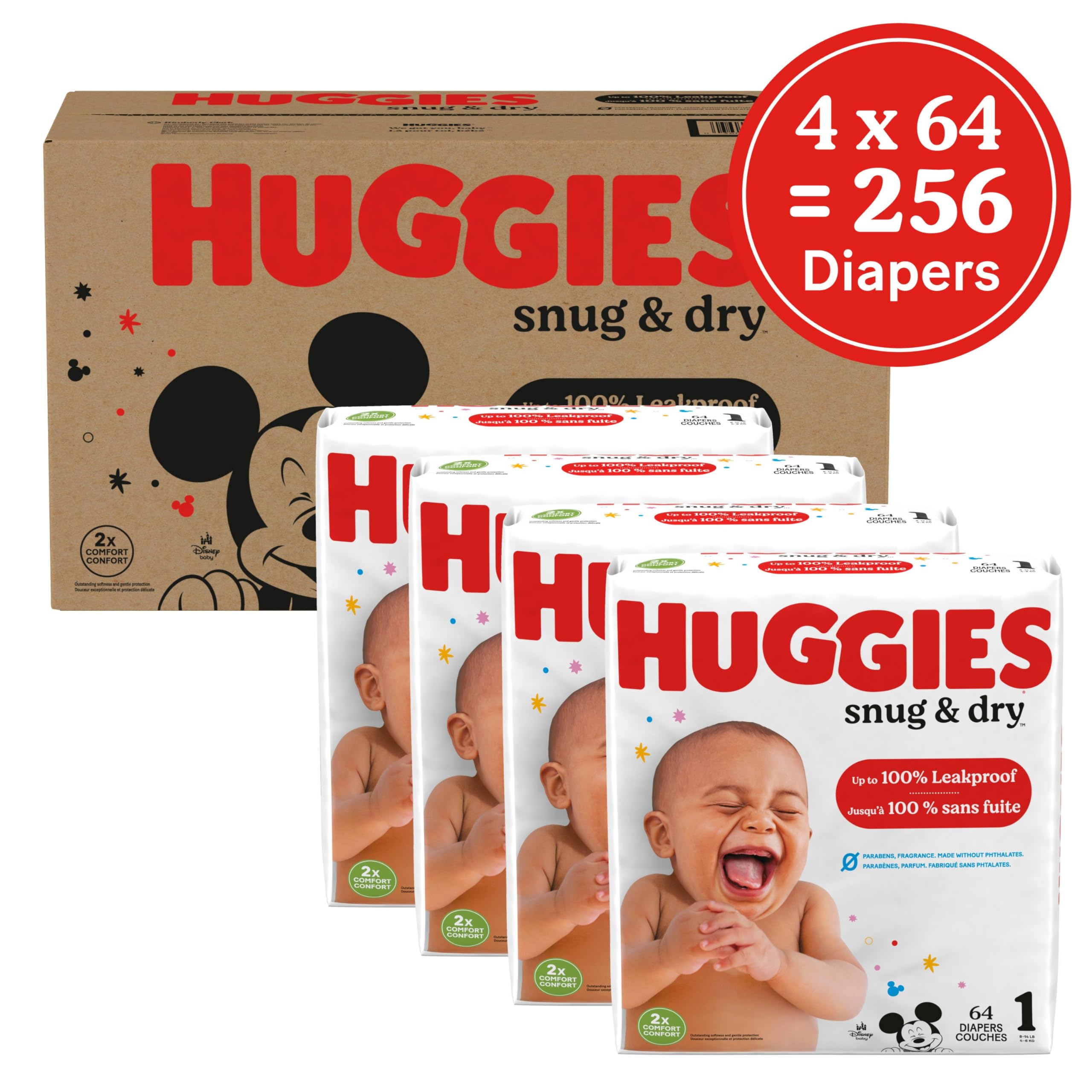 Huggies Size 1 Diapers, Snug & Dry Newborn Diapers, Size 1 (8-14 lbs), 256 Count (4 Packs of 64), Packaging May Vary