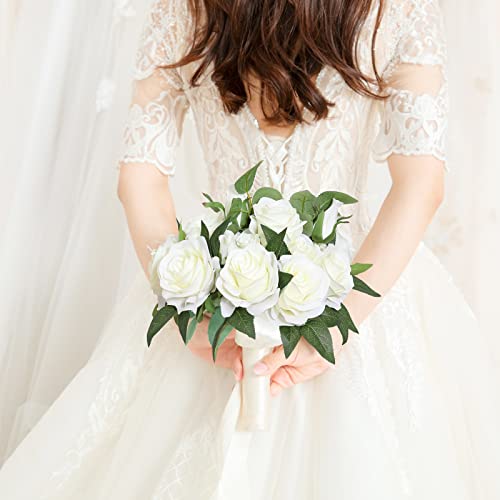 JAKY-Global Artificial Silk Fake Roses Flowers 21pcs Flower Head Buds DIY Wedding Bridal Bouquets Combo Centerpieces Decorations for Bridal Shower Cake Baby Shower(White)