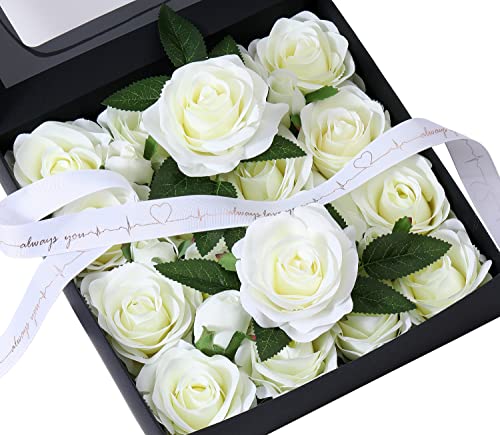 JAKY-Global Artificial Silk Fake Roses Flowers 21pcs Flower Head Buds DIY Wedding Bridal Bouquets Combo Centerpieces Decorations for Bridal Shower Cake Baby Shower(White)