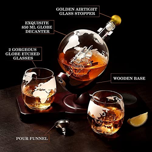Gifts for Men, Whiskey Decanter Set with 2 Etched Globe Glasses,Whiskey Stones, Christmas Stocking Stuffers, Unique Anniversary Birthday Gift Ideas for Him Husband Boyfriend