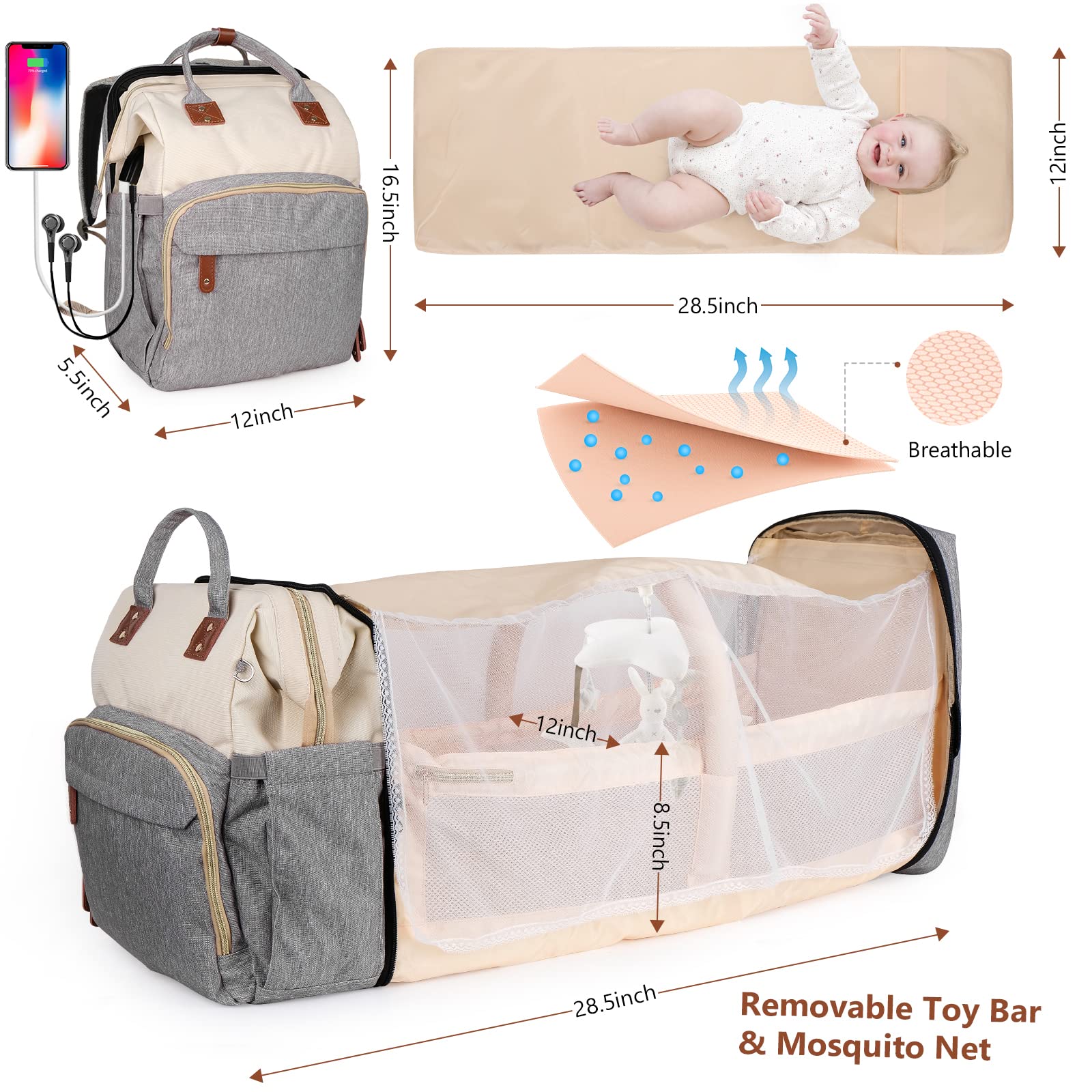 Diaper Bag Backpack Multifunctional Diaper Backpack with Extension Pad for Baby Boy and Girl Travel Baby Bag for Moms Dads