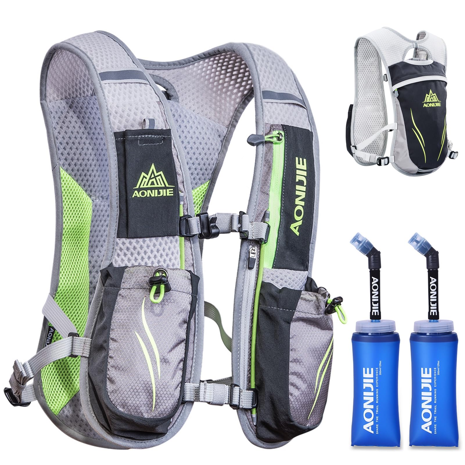 Azarxis Hydration Running Vest Backpack Pack 5.5L for Women and Men Jogging Trail Race Marathon Cycling Hiking (Gray with 2 x 350ml Soft Flasks)
