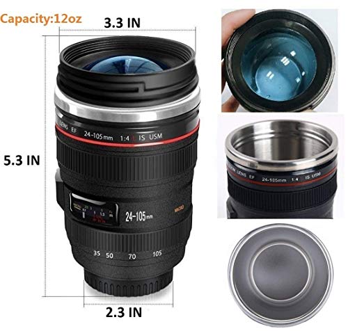 POXIWIN Camera Lens Coffee Mug,Comes with a Musical Note Spoon,Novelty Stainless Steel Camera Lens Mugs for Music Lover Photographer Filmmaker