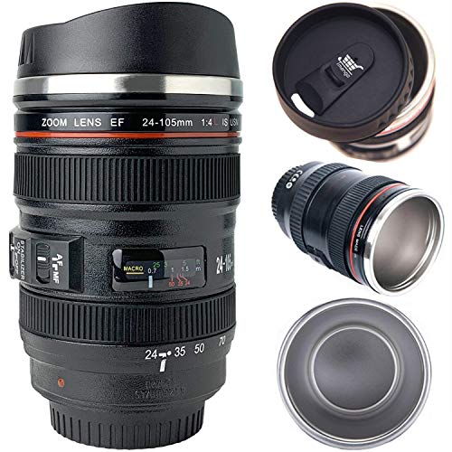 Tmango Camera Lens Coffee Mug With Retractable Lid, Photo Coffee Mugs, Stainless Steel Travel Lens Mug, Great Gifts for Photographers Men and Women