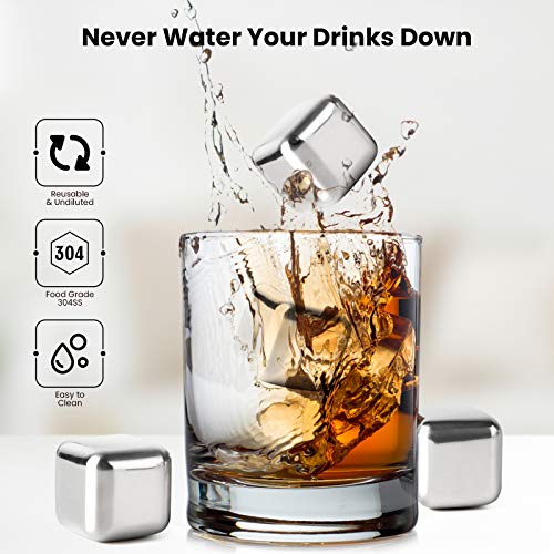 Whiskey Stones Gifts Set, Kollea 6 Pack Stainless Steel Whiskey Chilling Rocks, Reusable Metal Ice Cubes for Drinks Whiskey, Mens Stocking Stuffers for Christmas