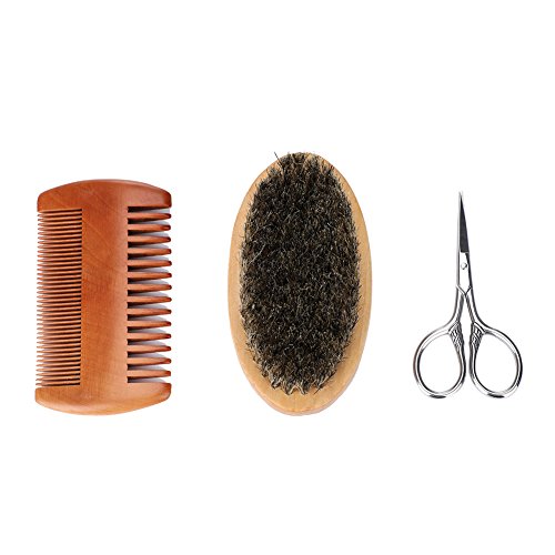 Men's Beard Grooming Set, Double-Sided Comb and Beard Brush Soft Synthetic Hair Styling Brush and Shaving Scissors Shaving Beards and Mustaches(Beard Brush + Comb + Scissors))