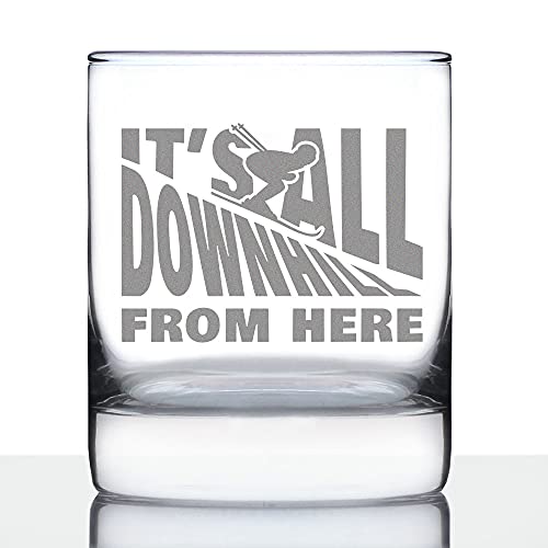 It's All Downhill From Here - Whiskey Rocks Glass - Unique Skiing Themed Decor and Gifts for Mountain Lovers - 10.25 Oz Glasses