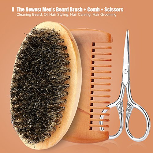 Men's Beard Grooming Set, Double-Sided Comb and Beard Brush Soft Synthetic Hair Styling Brush and Shaving Scissors Shaving Beards and Mustaches(Beard Brush + Comb + Scissors))