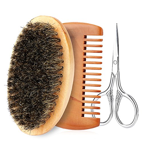 Men's Beard Grooming Set, Double-Sided Comb and Beard Brush Soft Synthetic Hair Styling Brush and Shaving Scissors Shaving Beards and Mustaches(Beard Brush + Comb + Scissors))