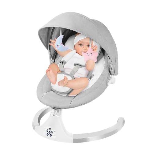 Baby to Toddler Cradle, Portable Rocker Swing for Newborn Boys and Girls, Indoor and Outdoor use, 5 Swing speeds, 5-Point Safety Harness, Foldable, Gray.