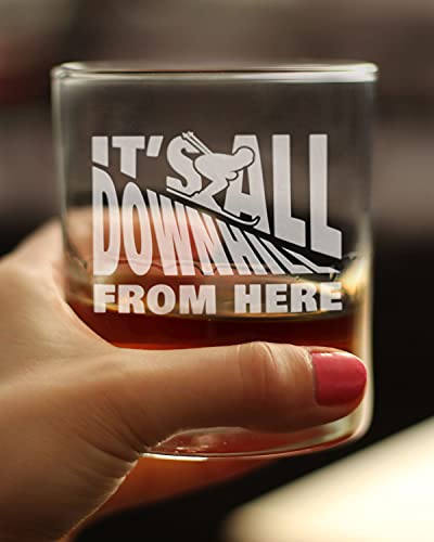 It's All Downhill From Here - Whiskey Rocks Glass - Unique Skiing Themed Decor and Gifts for Mountain Lovers - 10.25 Oz Glasses