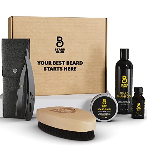 Beard Club - Everyday Beard Care Kit - Style, Moisturize and Grow a Healthier Beard - Straight Edge Razor, Beard Shampoo, Cedar Beard Balm and Beard Oil, Boar Bristle Beard Brush - Gift Kit