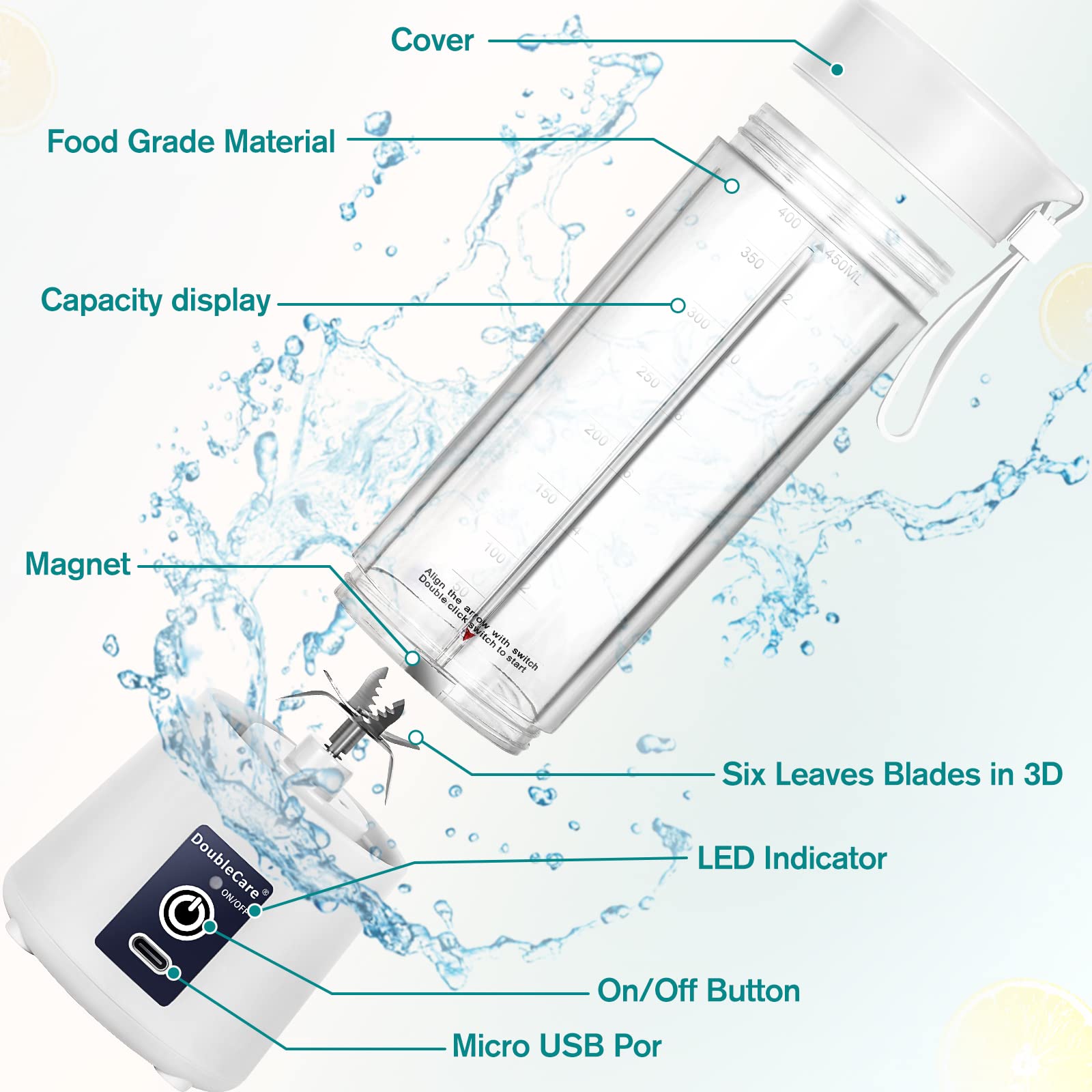 Portable Blender for Shakes and smoothies with Scale, 4000mAh Personal Electric Blender 15.2 oz,150w 6-Blades Blender Bottles, USB Rechargeable Mini Fruit Juicer for Travel, Office, Outdoors