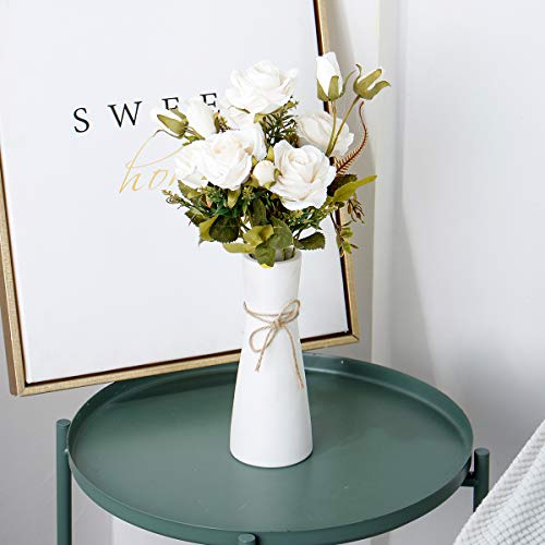 Tifuly Roses Bouquet Artificial Silk Flowers,2PCS Realistic Fake Roses Artificial Flowers with 9 Branch 12 Roses Heads Arrangement for Wedding Party Home Office Decoration (White)