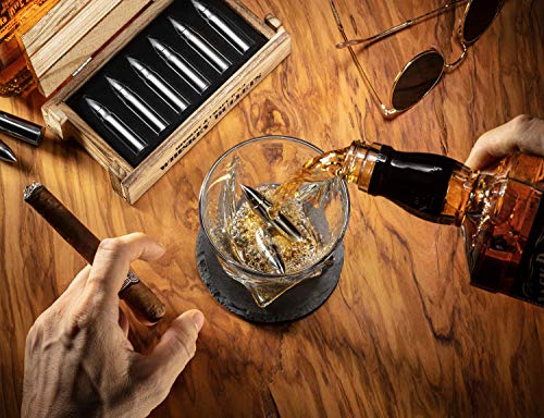 Whiskey Stone Bullets Gift Set - Stainless Steel Bullet shaped Whiskey Stones in a Wooden Army Crate | Reusable Bullet Ice Cube for Whiskey | Whiskey Gift Set for Men, Dad, Husband, Boyfriend (Silver)