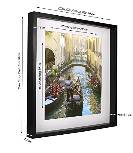 BD ART 20 x 20 (19.68x19.68) Inch 3D Box Picture Frame Black with Mount 15.75x15.75 inch Plexiglass Depth 1.18 inch