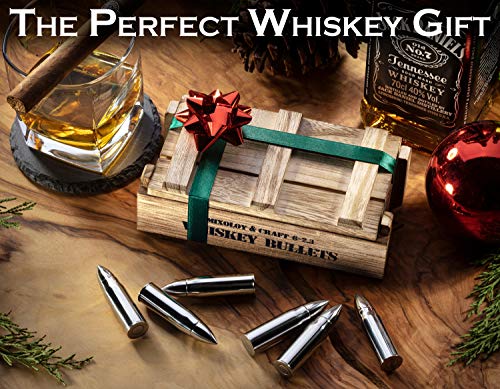 Whiskey Stone Bullets Gift Set - Stainless Steel Bullet shaped Whiskey Stones in a Wooden Army Crate | Reusable Bullet Ice Cube for Whiskey | Whiskey Gift Set for Men, Dad, Husband, Boyfriend (Silver)
