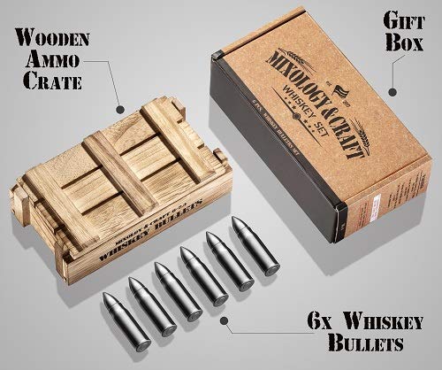 Whiskey Stone Bullets Gift Set - Stainless Steel Bullet shaped Whiskey Stones in a Wooden Army Crate | Reusable Bullet Ice Cube for Whiskey | Whiskey Gift Set for Men, Dad, Husband, Boyfriend (Silver)