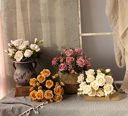 Tifuly Roses Bouquet Artificial Silk Flowers,2PCS Realistic Fake Roses Artificial Flowers with 9 Branch 12 Roses Heads Arrangement for Wedding Party Home Office Decoration (White)