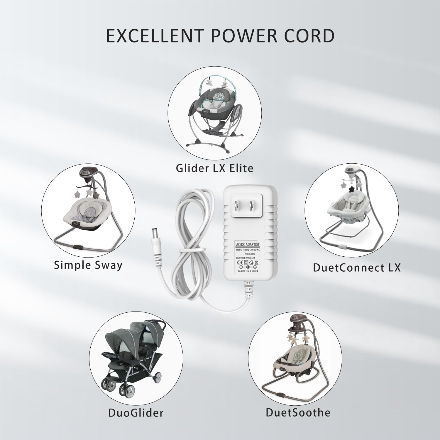 BOEEA 5V Power Cord Replacement for Graco Duetsoothe Swing, Charger for Simple Sway and Nova Baby Swing, 6.6 Ft Charging Cable, White