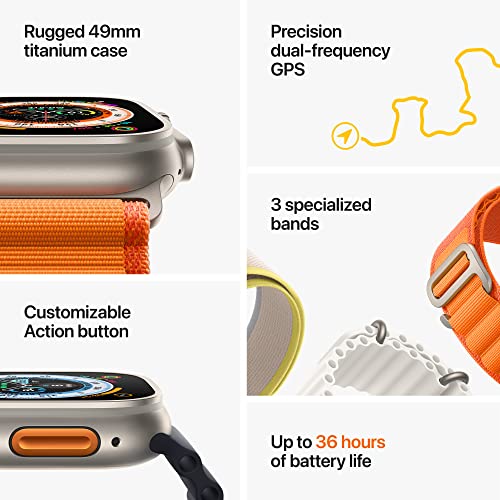 Apple Watch Ultra [GPS + Cellular 49mm] Smart watch w/Rugged Titanium Case & yellow/Beige Trail Loop S/M Fitness Tracker, Precision GPS, Action Button, Extra-Long Battery Life, Brighter Retina Display