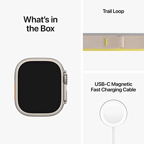 Apple Watch Ultra [GPS + Cellular 49mm] Smart watch w/Rugged Titanium Case & yellow/Beige Trail Loop S/M Fitness Tracker, Precision GPS, Action Button, Extra-Long Battery Life, Brighter Retina Display