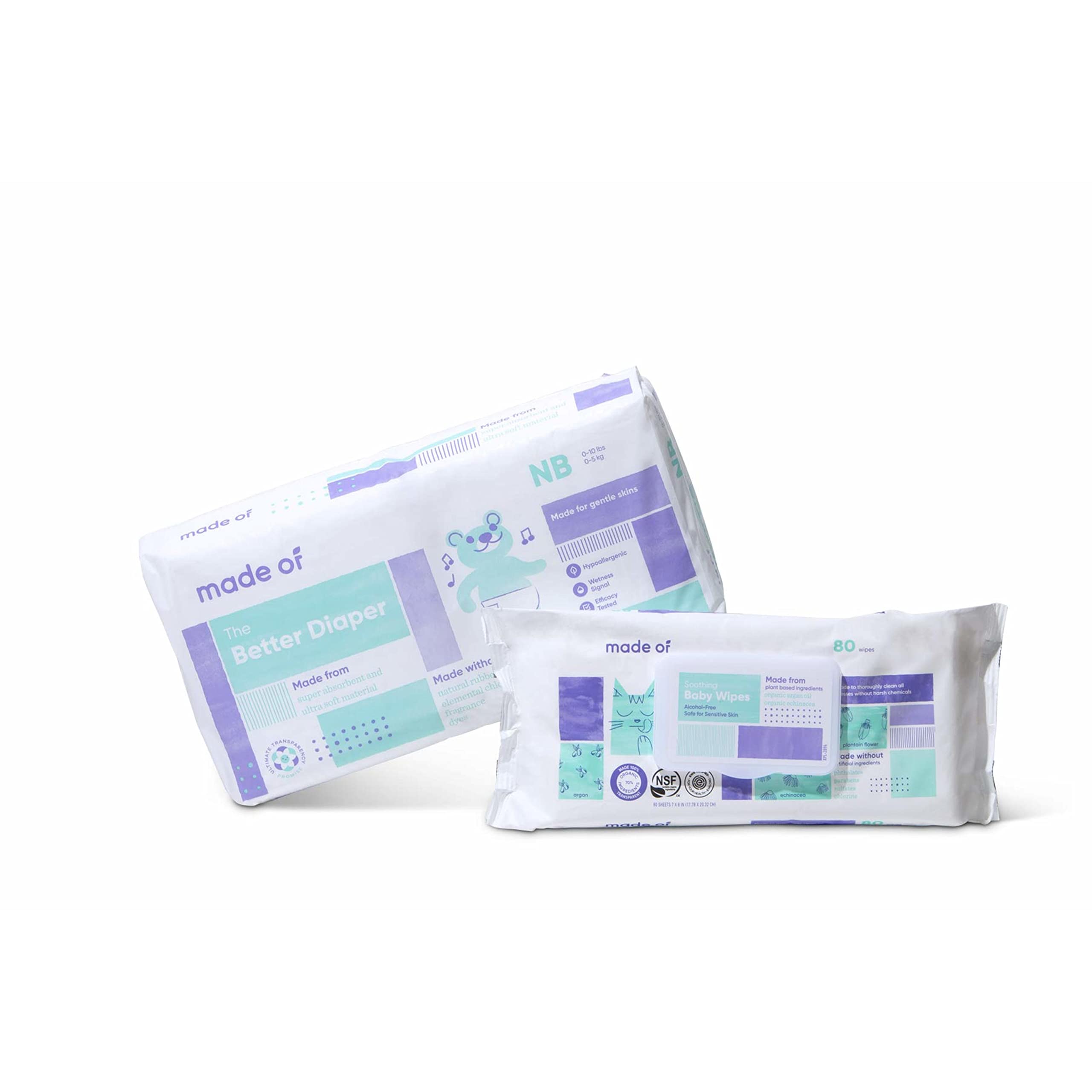 MADE OF The Better Baby Diapers - Hypoallergenic Diapers for Sensitive Skin, Unscented, 10 Hour Absorbency - Pediatrician and Dermatologist Tested - Size 1 (44 Count)