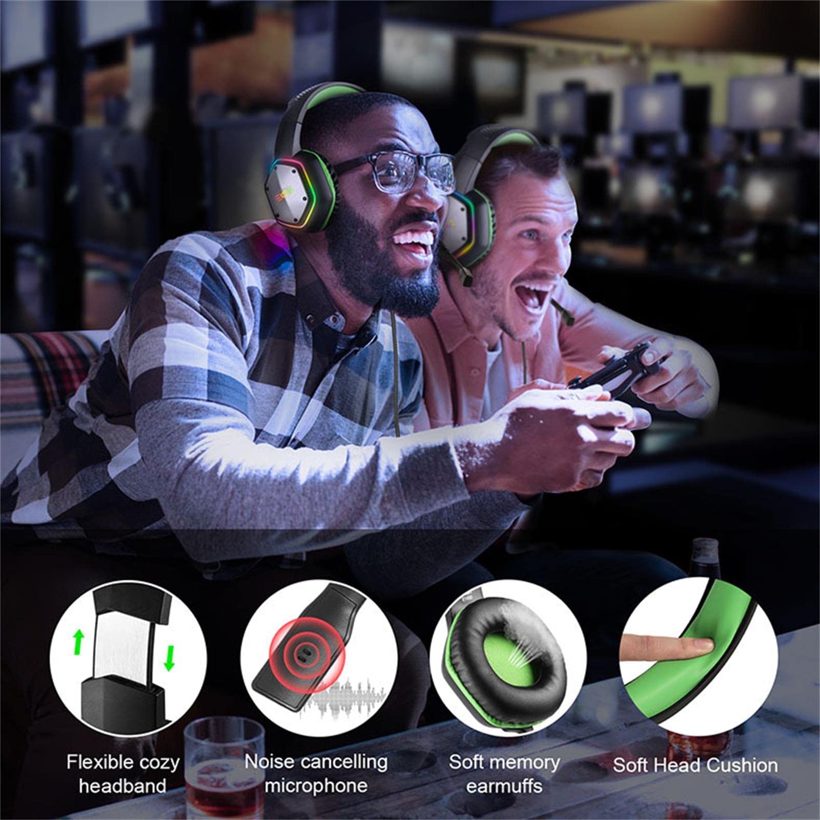 Atrasee USB Pro Gaming Headset for PC PS4 PS5, 7.1 Surround Sound Headphones with Noise Cancelling Microphone, Memory Foam Ear Pads, RGB Lights for Laptop Desktop Mac, Green