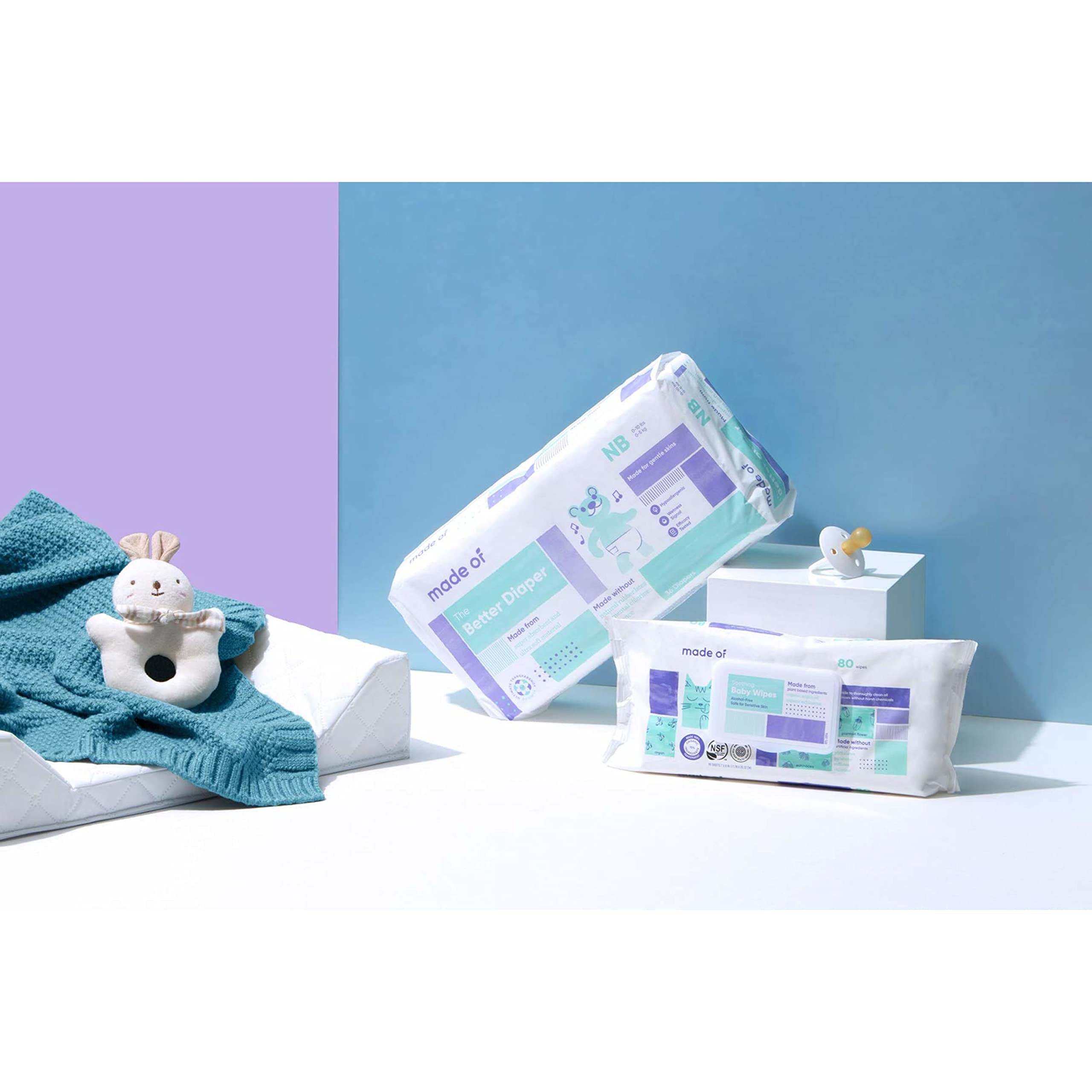 MADE OF The Better Baby Diapers - Hypoallergenic Diapers for Sensitive Skin, Unscented, 10 Hour Absorbency - Pediatrician and Dermatologist Tested - Size 1 (44 Count)