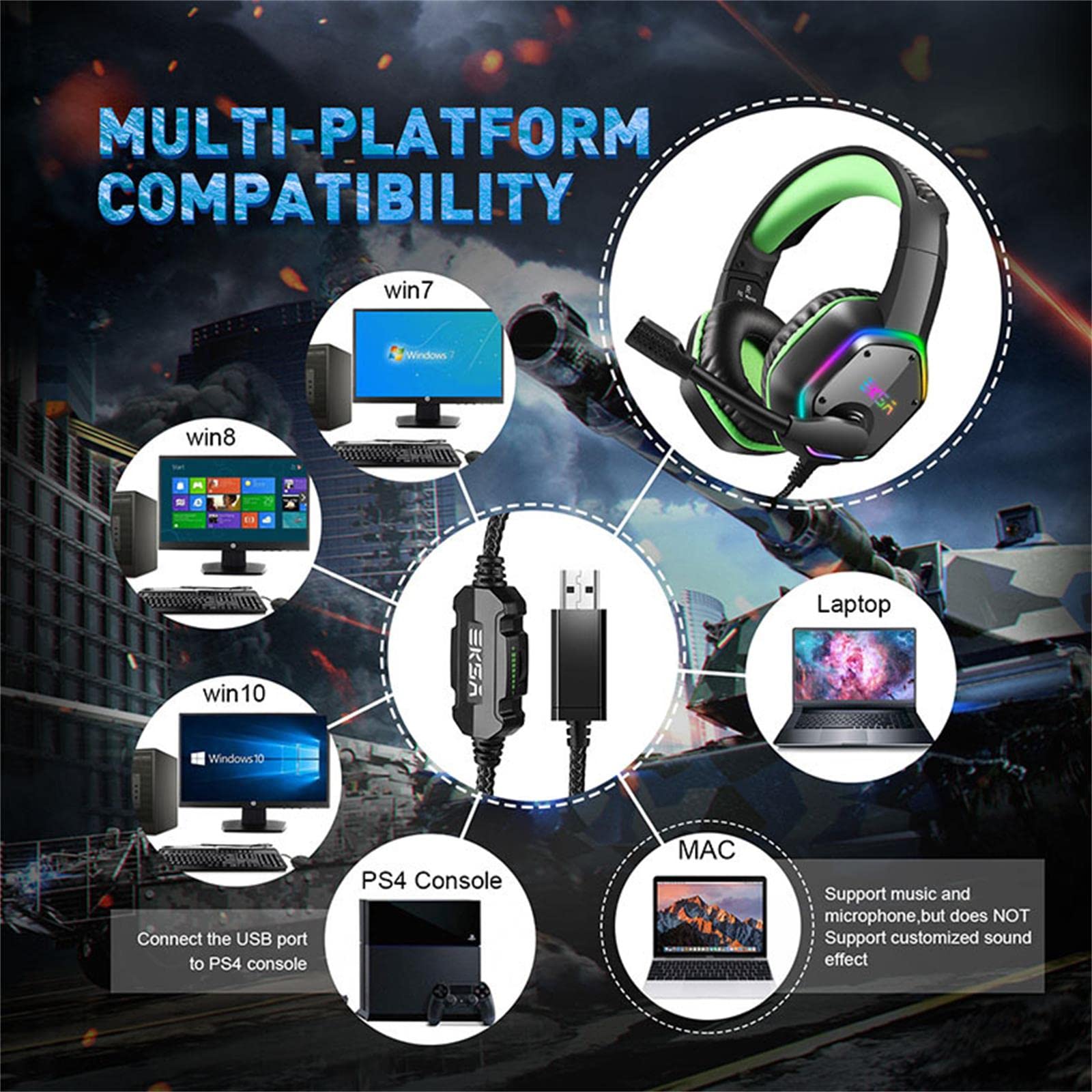 Atrasee USB Pro Gaming Headset for PC PS4 PS5, 7.1 Surround Sound Headphones with Noise Cancelling Microphone, Memory Foam Ear Pads, RGB Lights for Laptop Desktop Mac, Green