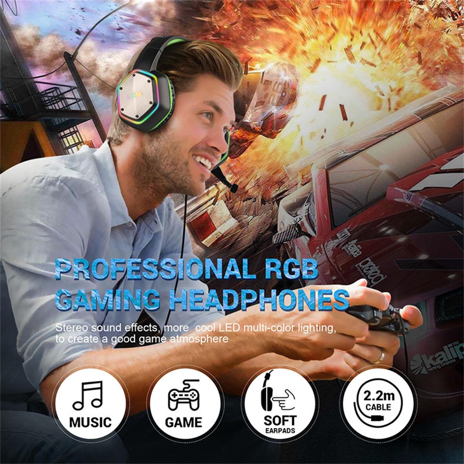Atrasee USB Pro Gaming Headset for PC PS4 PS5, 7.1 Surround Sound Headphones with Noise Cancelling Microphone, Memory Foam Ear Pads, RGB Lights for Laptop Desktop Mac, Green