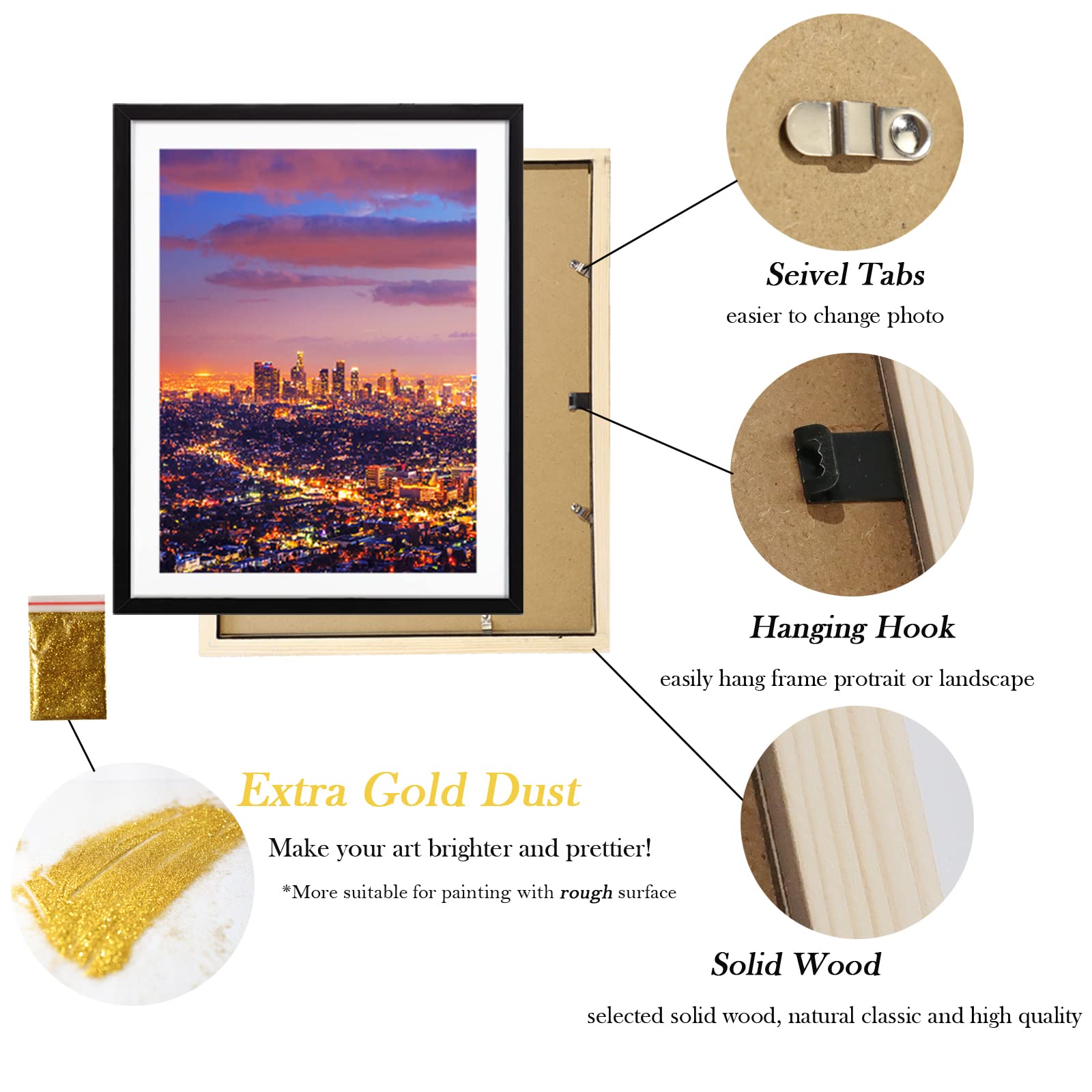 LIPHISFUN Diamond Painting Frame 30x40cm Diamond Art Frames Display Picture 12x16 Without Mat or 10x14 with Mat 2 Pack,Natural Solid Wooden,Protection Glass,Back Mat,Hanging Kit for Wall Decor-Black