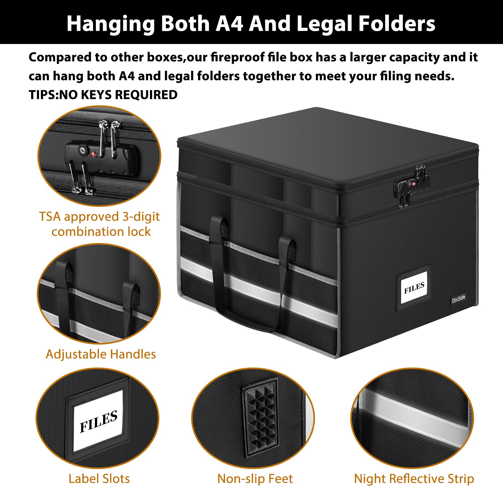 DocSafe Fireproof Document Box, Multi-Layer File Box with Lock,Portable Collapsible File Storage Organizer Box with Mesh Pockets,Large Home Office Filing Box for Hanging Both Letter and Legal Folders