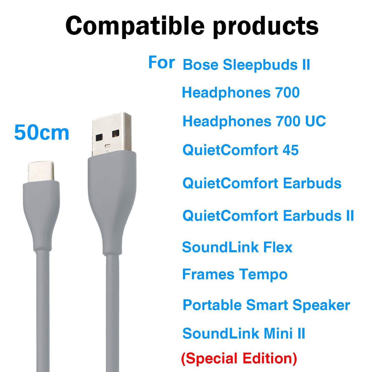 QC45 Charger Cable Replacement USB-C Charge Cord Compatible for Bose Noise Cancelling 700, QuietComfort 45 Headsets, QuietComfort Earbuds II, SoundLink Flex, Sleepbuds 2, Sport Earbuds (50cm/Grey)