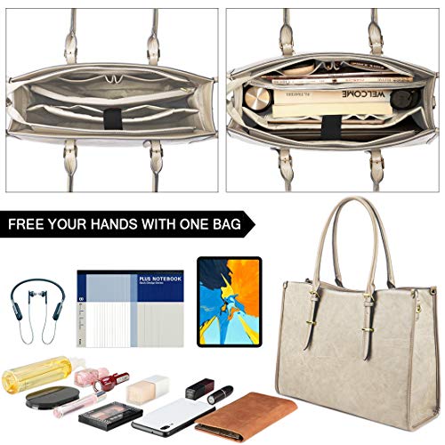 Laptop Bag for Women 15.6 Inch Waterproof Lightweight Leather Laptop Tote Bag Womens Professional Business Office Work Bag Briefcase Large Computer Bag Shoulder Handbag Beige