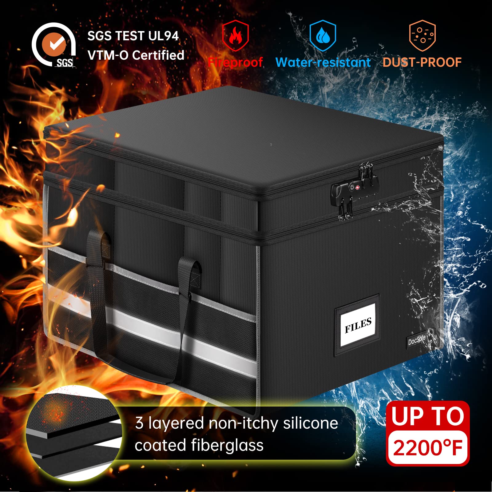 DocSafe Fireproof Document Box, Multi-Layer File Box with Lock,Portable Collapsible File Storage Organizer Box with Mesh Pockets,Large Home Office Filing Box for Hanging Both Letter and Legal Folders