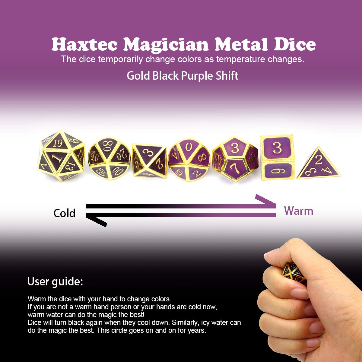 Haxtec Color Changing Metal DND Dice Set W/Gift Leather Dice Bag Temeprature Polyhedral D&D Dices for RPG Dungeons and Dragons-Gold Black Purple Shift