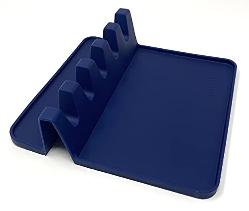 Silicone Spoon Rest Holder for Stove Top, Silicon Utensil Rests for Kitchen Countertop, Large Heat Resistant Spatula Spoon Reat for Cooking with 5 Slots with Drip Pad BBQ Utensil Holder (Sapphire)