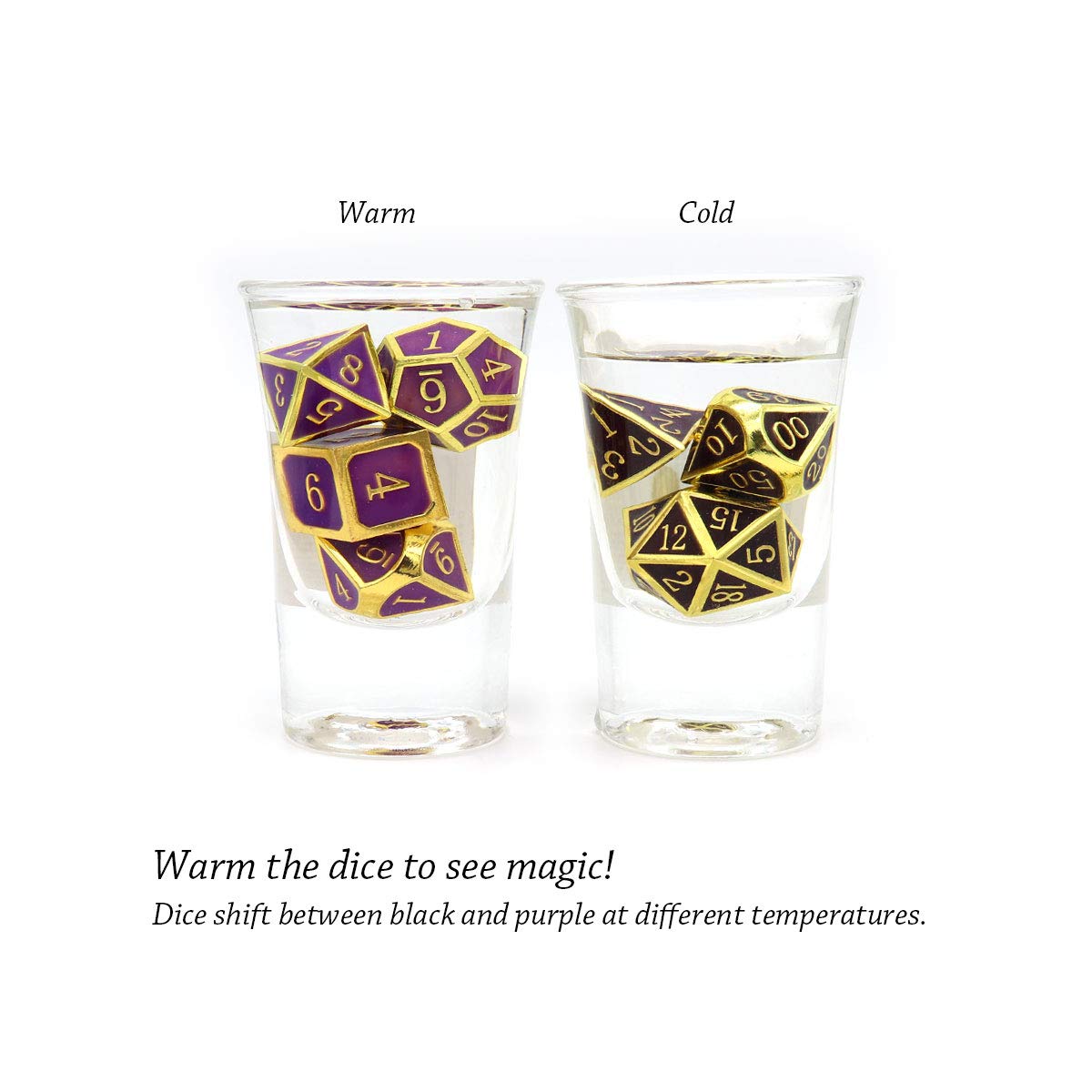 Haxtec Color Changing Metal DND Dice Set W/Gift Leather Dice Bag Temeprature Polyhedral D&D Dices for RPG Dungeons and Dragons-Gold Black Purple Shift