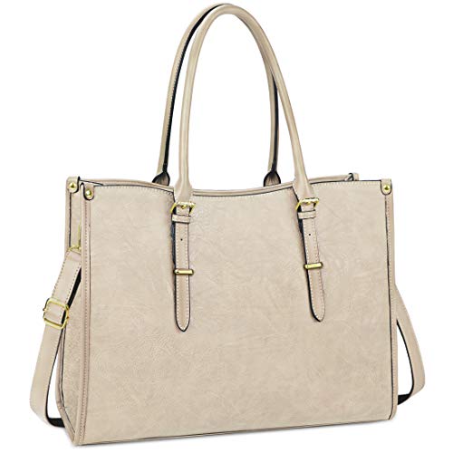 Laptop Bag for Women 15.6 Inch Waterproof Lightweight Leather Laptop Tote Bag Womens Professional Business Office Work Bag Briefcase Large Computer Bag Shoulder Handbag Beige