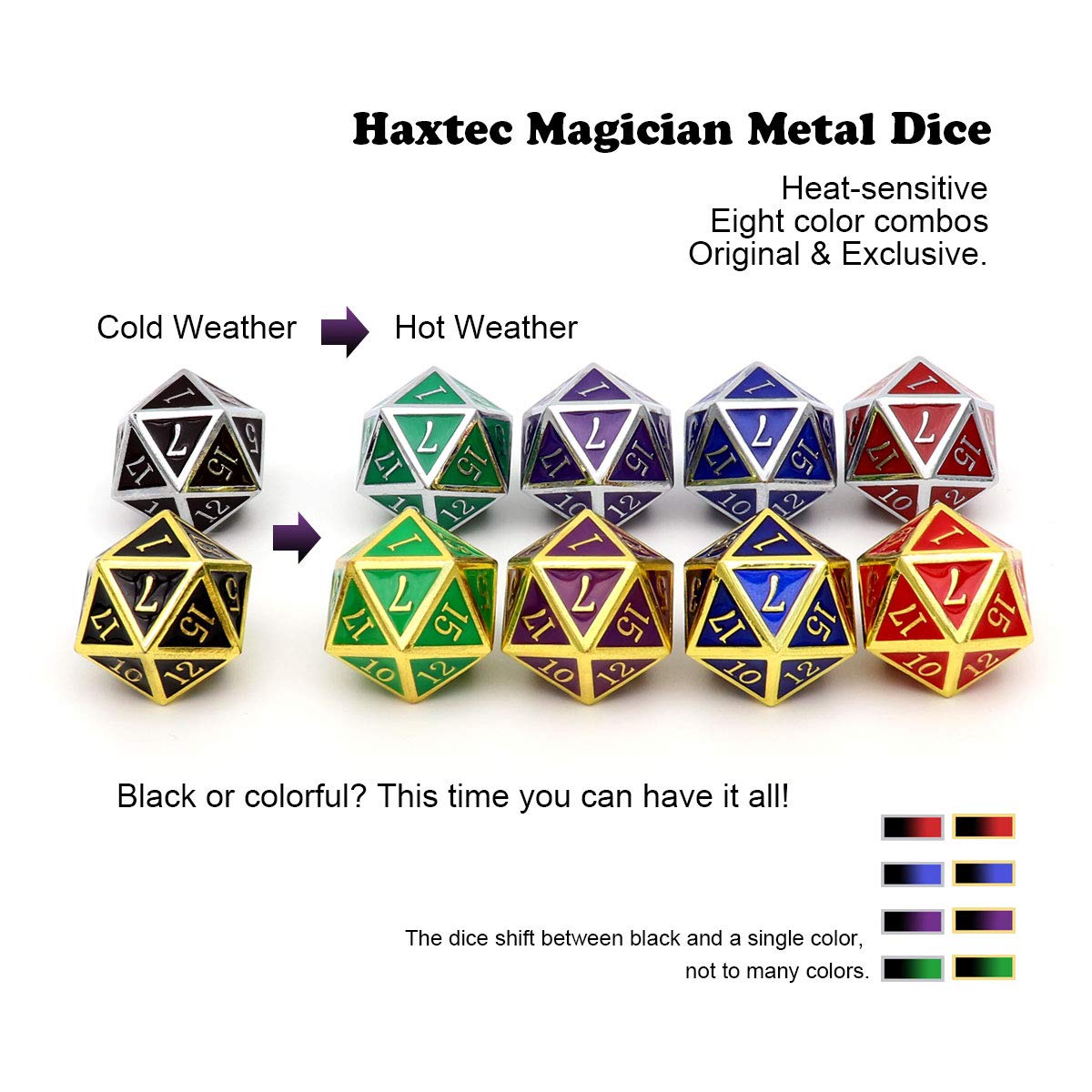 Haxtec Color Changing Metal DND Dice Set W/Gift Leather Dice Bag Temeprature Polyhedral D&D Dices for RPG Dungeons and Dragons-Gold Black Purple Shift
